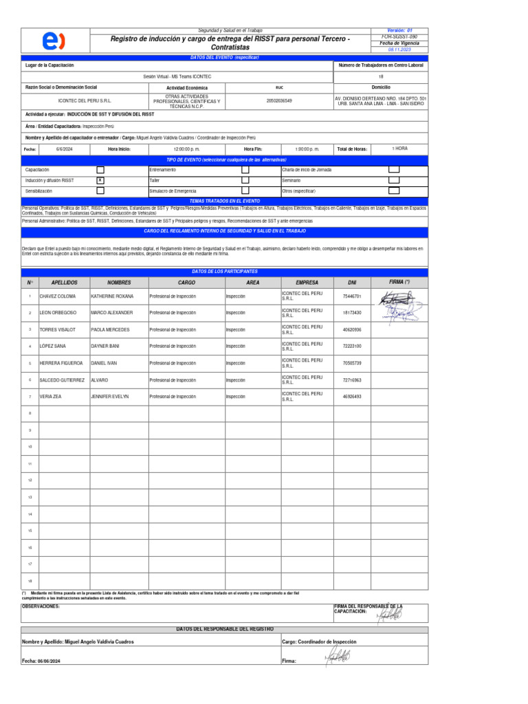 FOR-SGSST-090 Registro de Inducción de SST y Cargo de Entrega Del RISST-1 | PDF