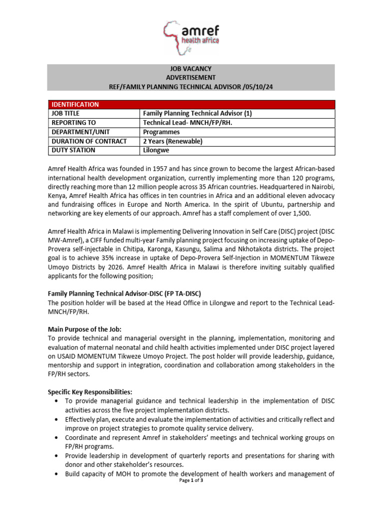 Family Planning Technical Advisor Advert | PDF | Mentorship
