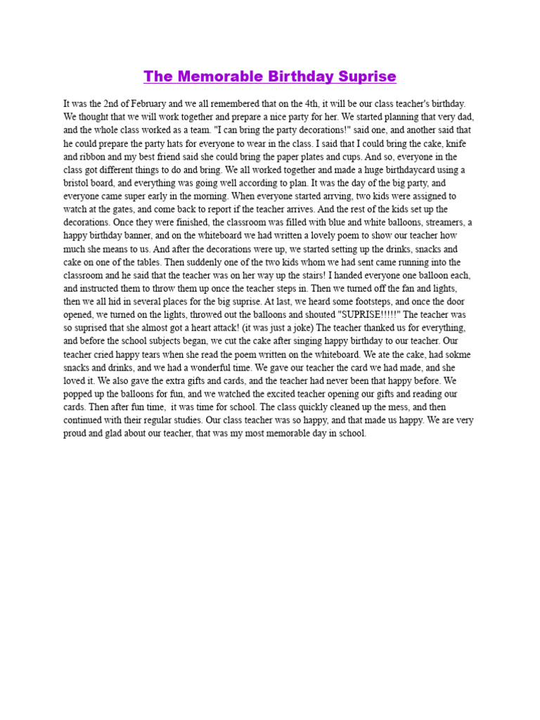 Memorable Teacher Birthday Surprise | PDF