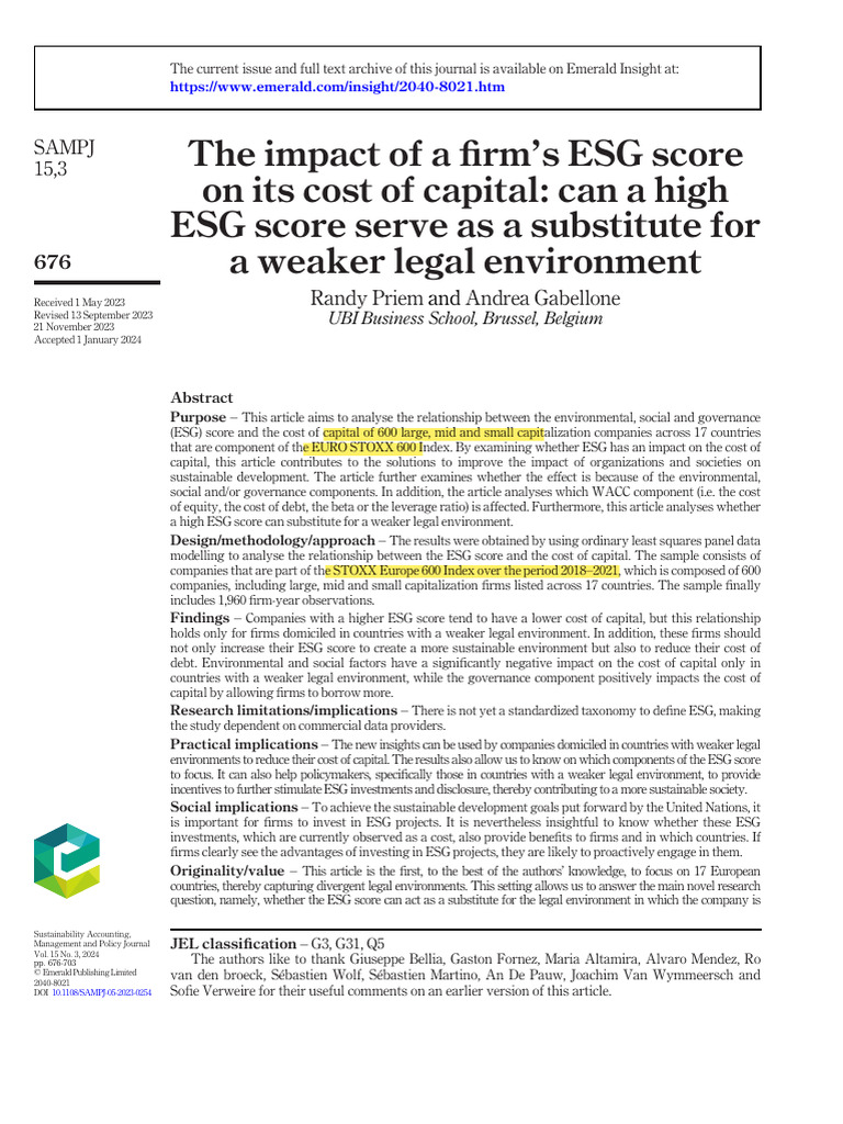 Cost of Capital and ESG | PDF | Cost Of Capital | Beta (Finance)