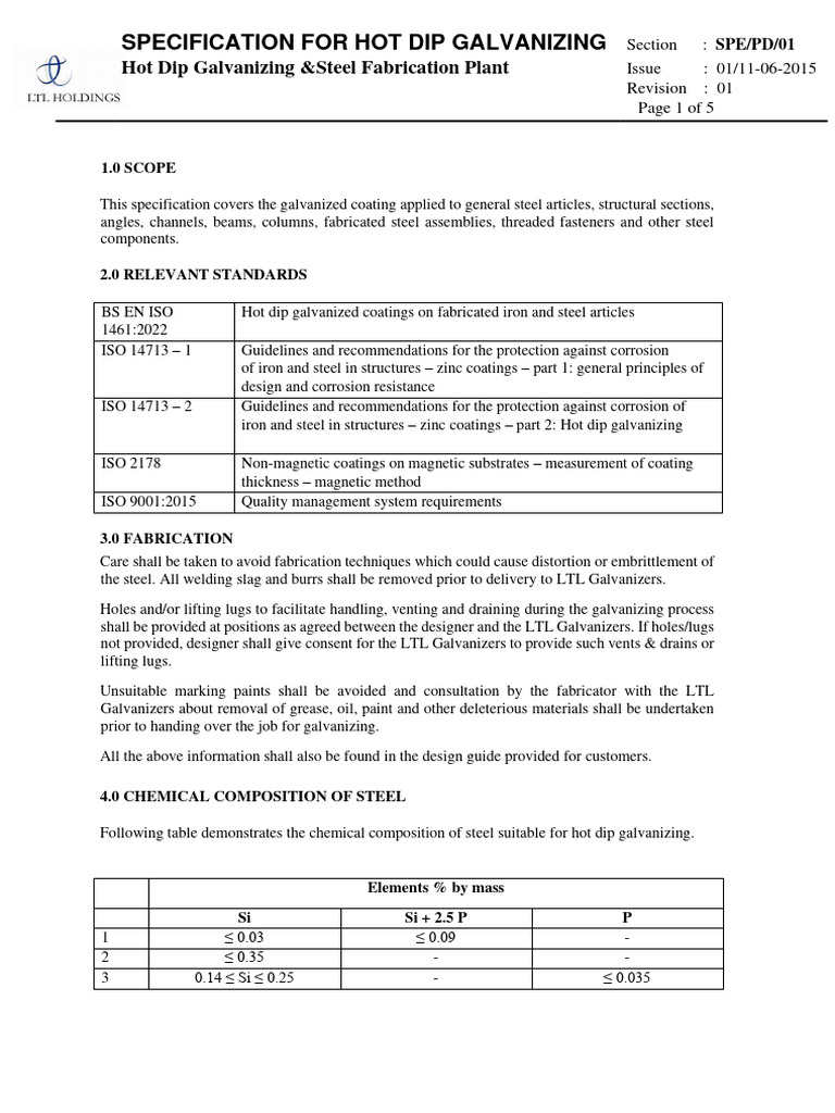 Specification For Hot Dip Galvanizing | PDF | Galvanization | Materials