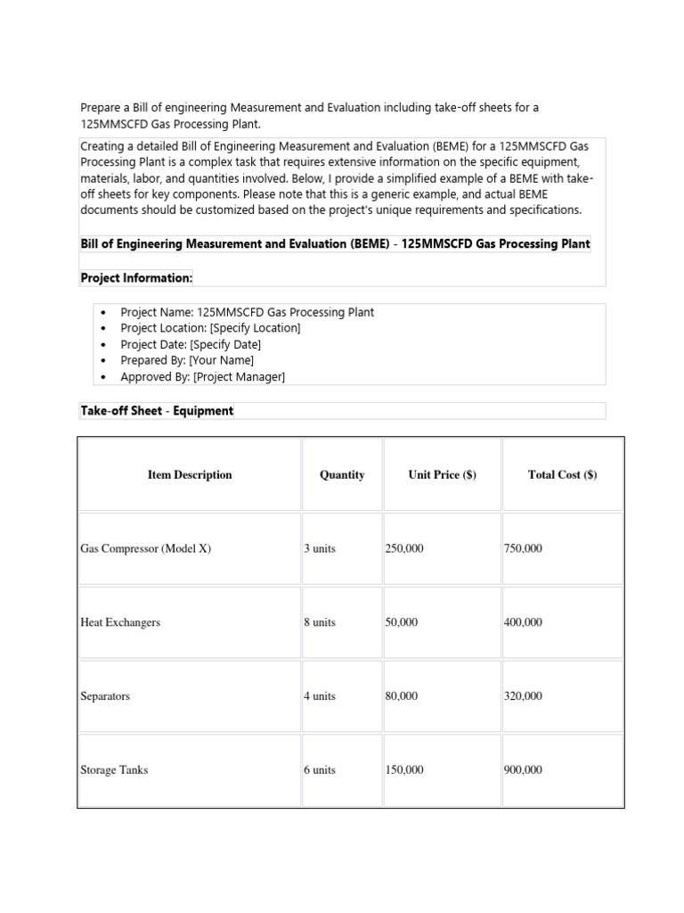 Sample BEME Gas Processing Plant | PDF | Gases | Specification ...
