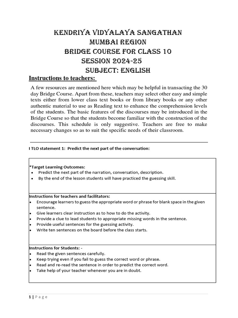 Class 10th English Bridge Course Bridge Course (2024-25) | PDF ...