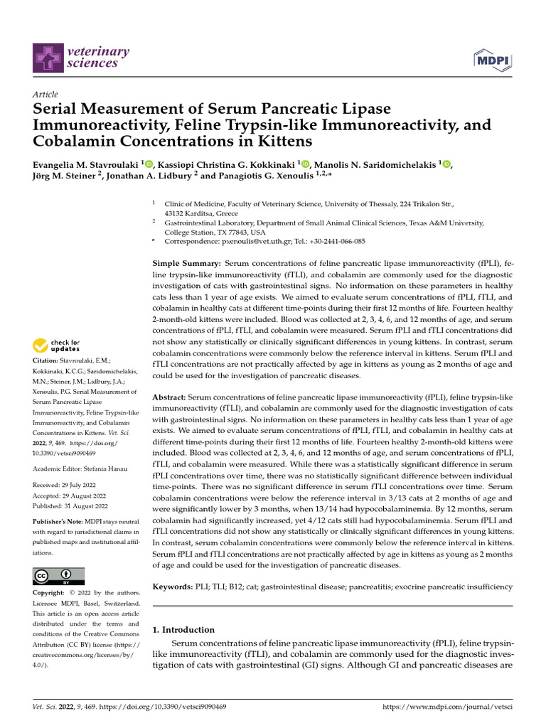 Serial Measurement of Serum Pancreatic Lipase Immunoreactivity, Feline ...