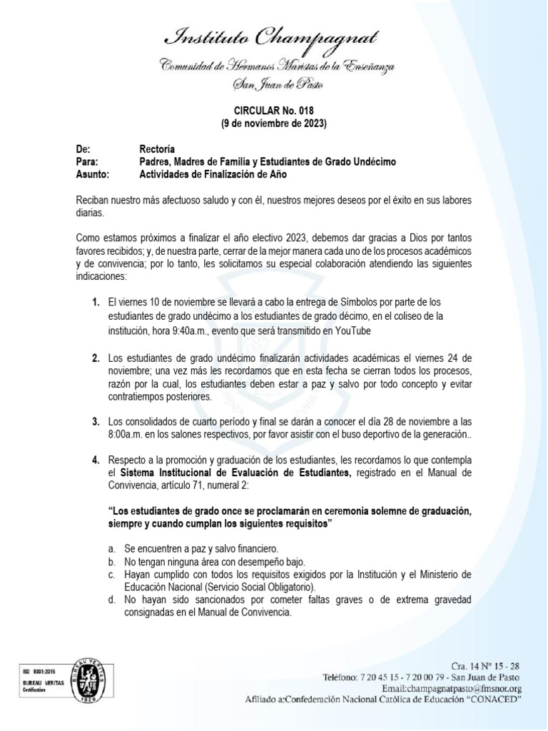 Circular 018 Fin de Año Escolar Grado Undecimo 2023 | PDF