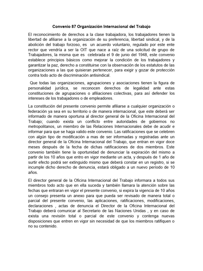 Convenio 87 Organización Internacional Del Trabajo | PDF | Organización Internacional del ...