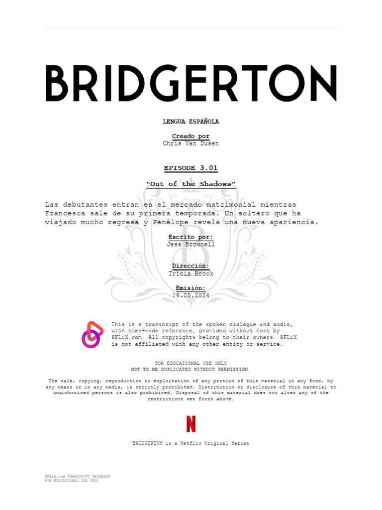 Bridgerton SPANISH Transcript 301 Out of The Shadows | PDF