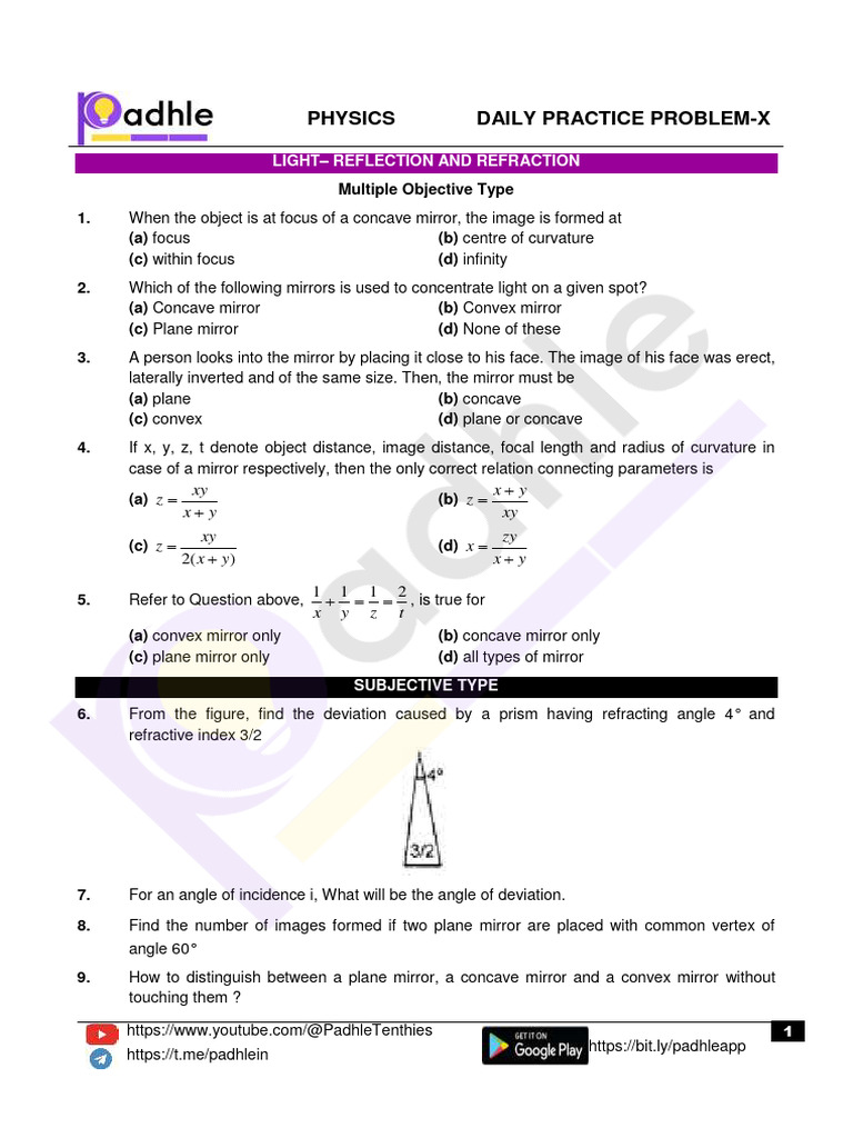 Physics Daily Practice Problem-X: Light - Reflection and Refraction ...