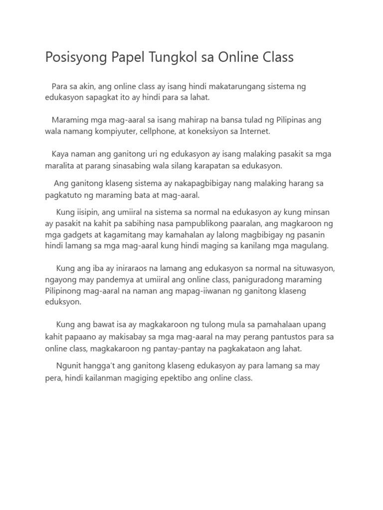 Posisyong Papel Tungkol Sa Online Class | PDF