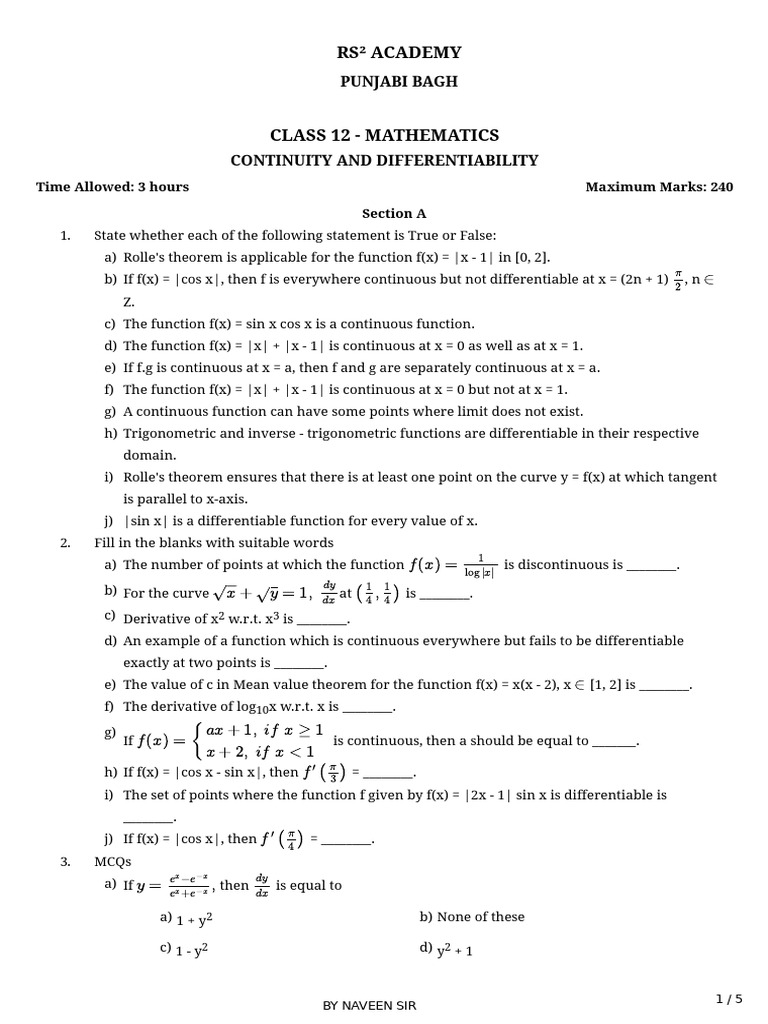 Class 12 Math: Continuity & Differentiability | PDF | Trigonometric Functions | Function ...