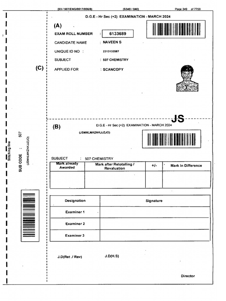 Chemistry Answer Sheet | PDF