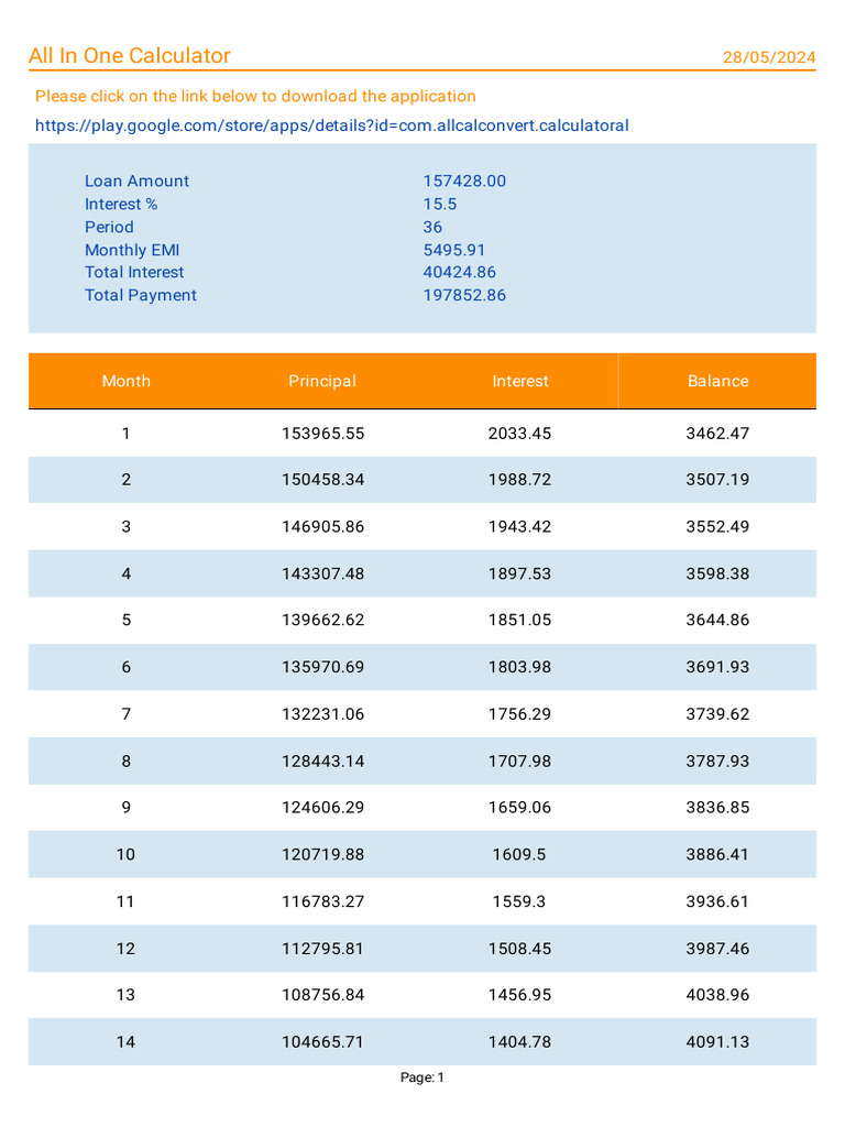 All in One Calculator: Month Principal Interest Balance | PDF ...