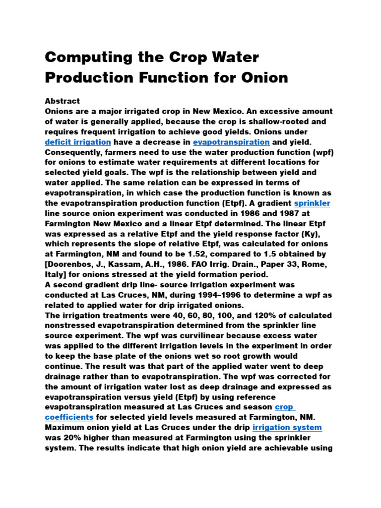Computing The Crop Water Production Function For Onion | PDF ...