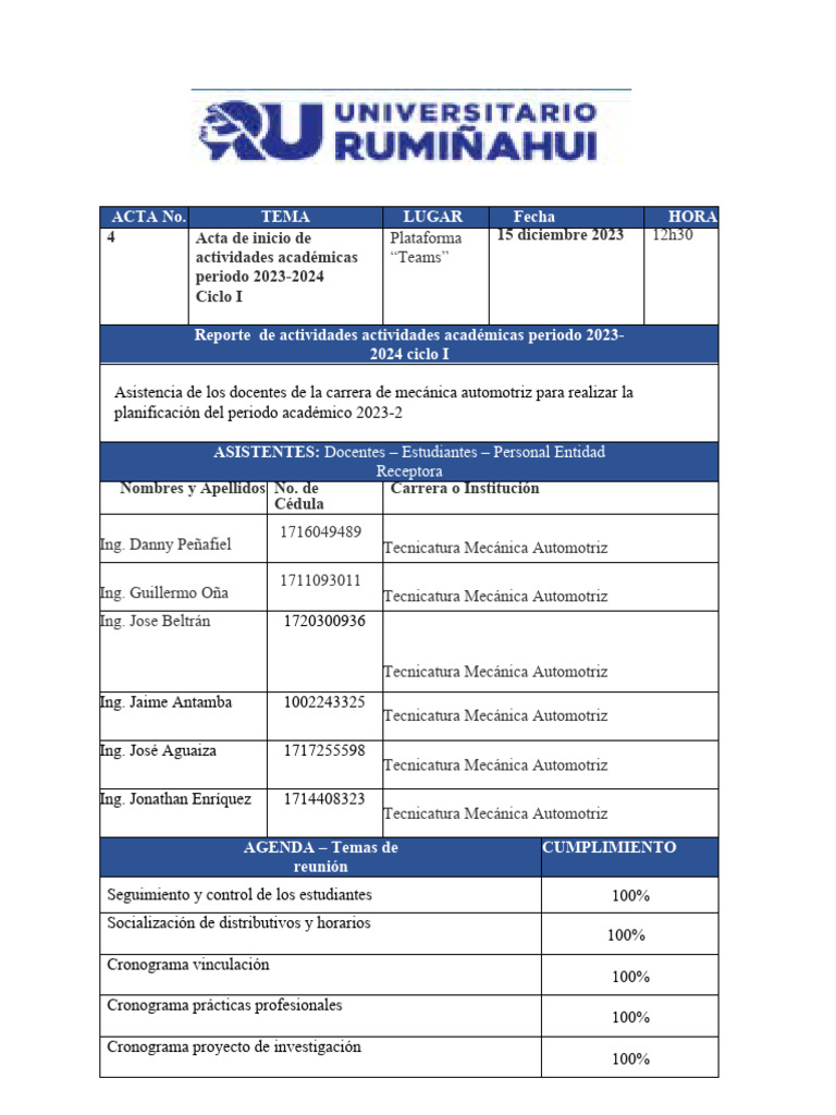 Acta 4 Reunión Mecánica Ciclo 1 | PDF