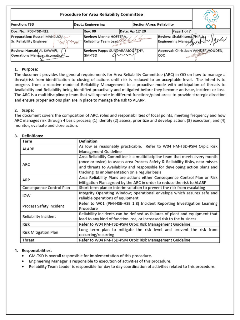 Area Reliability Committee Procedure | PDF | Reliability Engineering | Risk