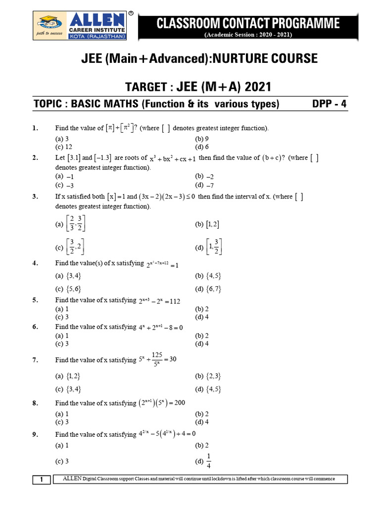 Maths - DPP 4 - Basic Maths - Function & Its Various Types - 18-04-2020 ...