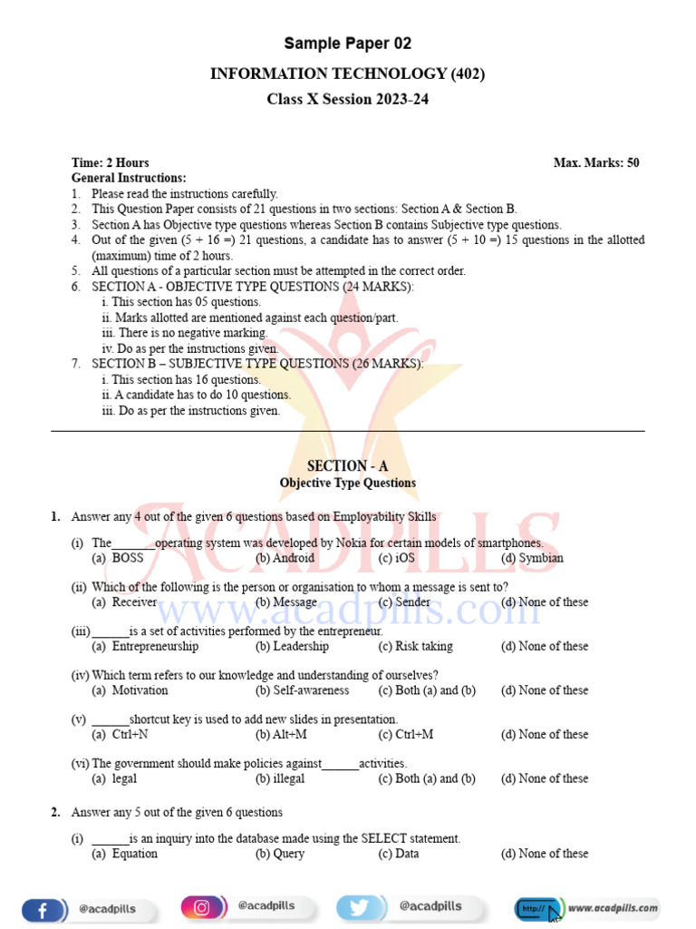 Information Technology Exclusive Sample Papers | PDF | Databases | Computer Network