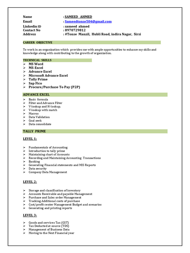 Sameed Ahmed Resume and Skills Overview | PDF | Microsoft Excel | Taxes