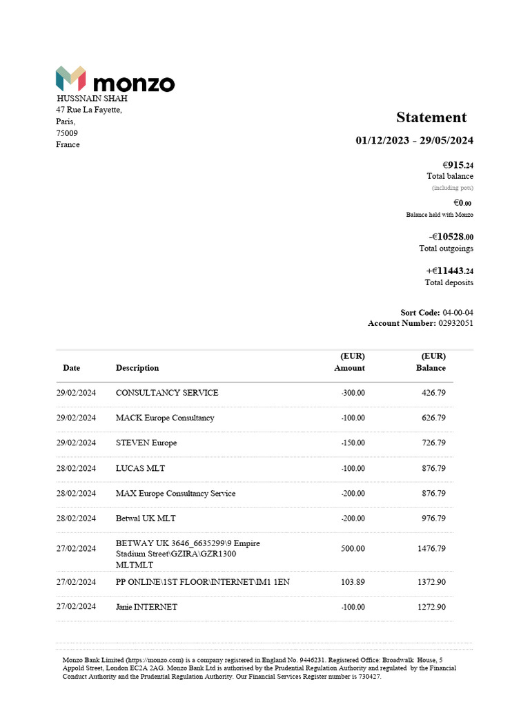 Monzo Bank Statement 2023 12 20 1336315 | PDF | Bank Regulation ...