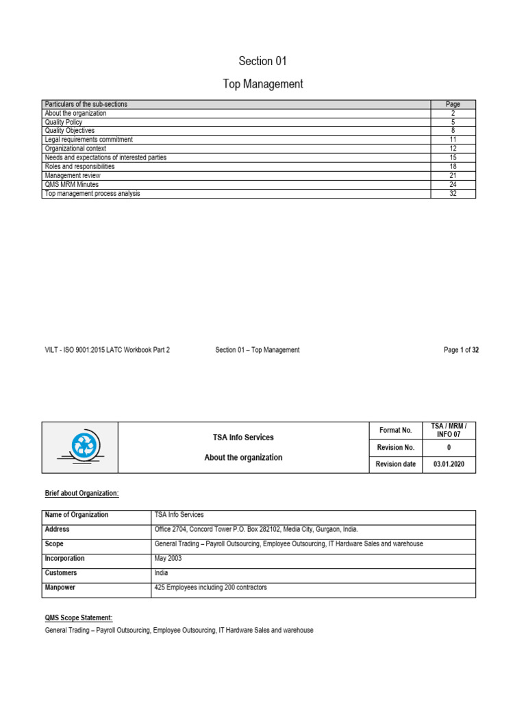 TSA Info Services QMS - Section 01 - Top Management | PDF | Quality ...