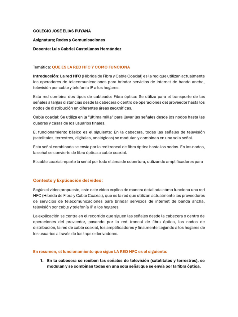Funcionamiento de la Red HFC en Telecomunicaciones | PDF | Televisión ...
