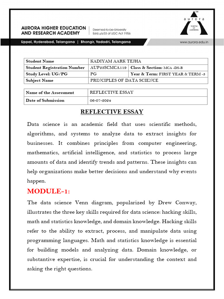 REFLECTIVE ESSAY OF PRINCIPLES OF DATA SCIENCE | PDF | Data Science | Data