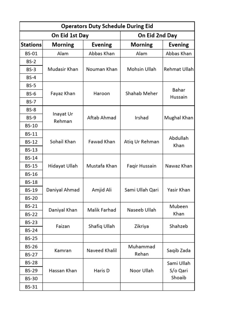 Eid Duty Roster for Operators | PDF