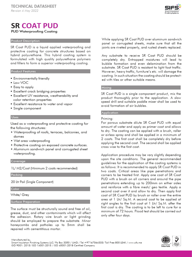 SR Coat Pud TDS (May 2022) | PDF | Coating | Polyurethane
