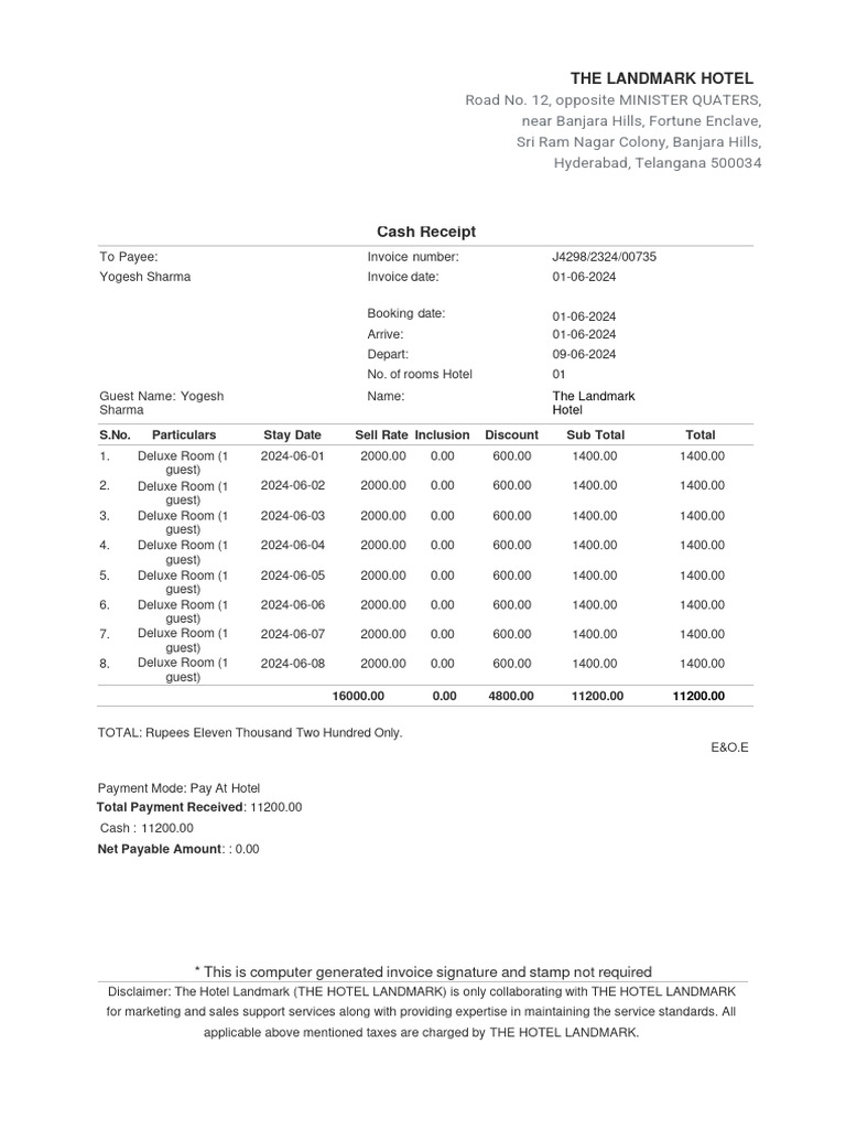Hotel Invoice Formate | PDF | Payments | Receipt