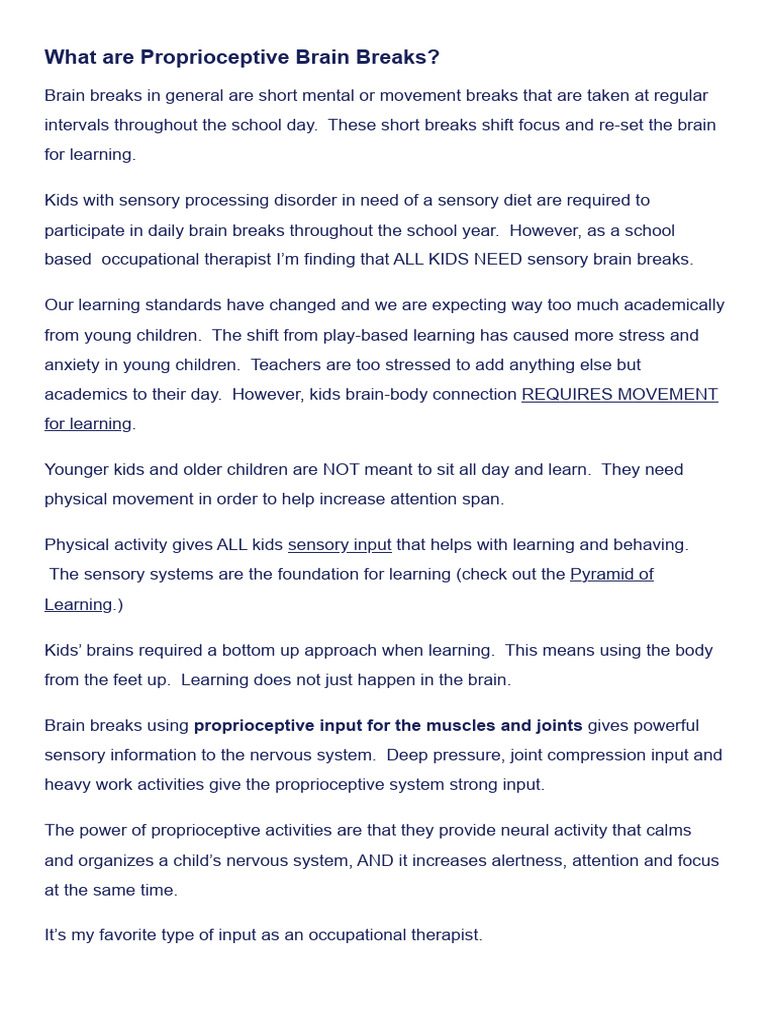 25 Proprioceptive Brain Breaks For Kids That Improve Focus - DEVELOP ...