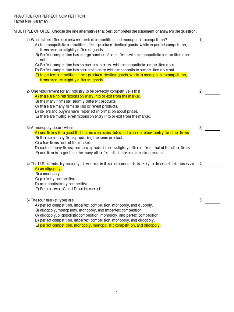 Perfect Competition Practice Quiz | PDF | Perfect Competition | Profit ...