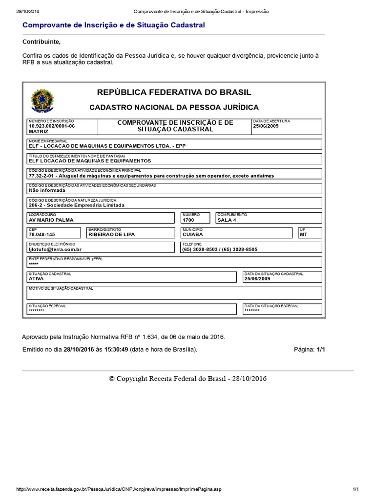 03 L Comprovante de Cadastro Federal 'CNPJ' | PDF | Brasil
