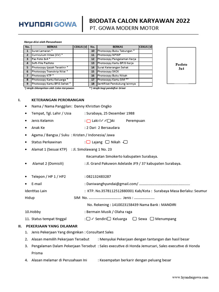 Form Biodata Lamaran 2022 Hyundai Gowa (1) | PDF