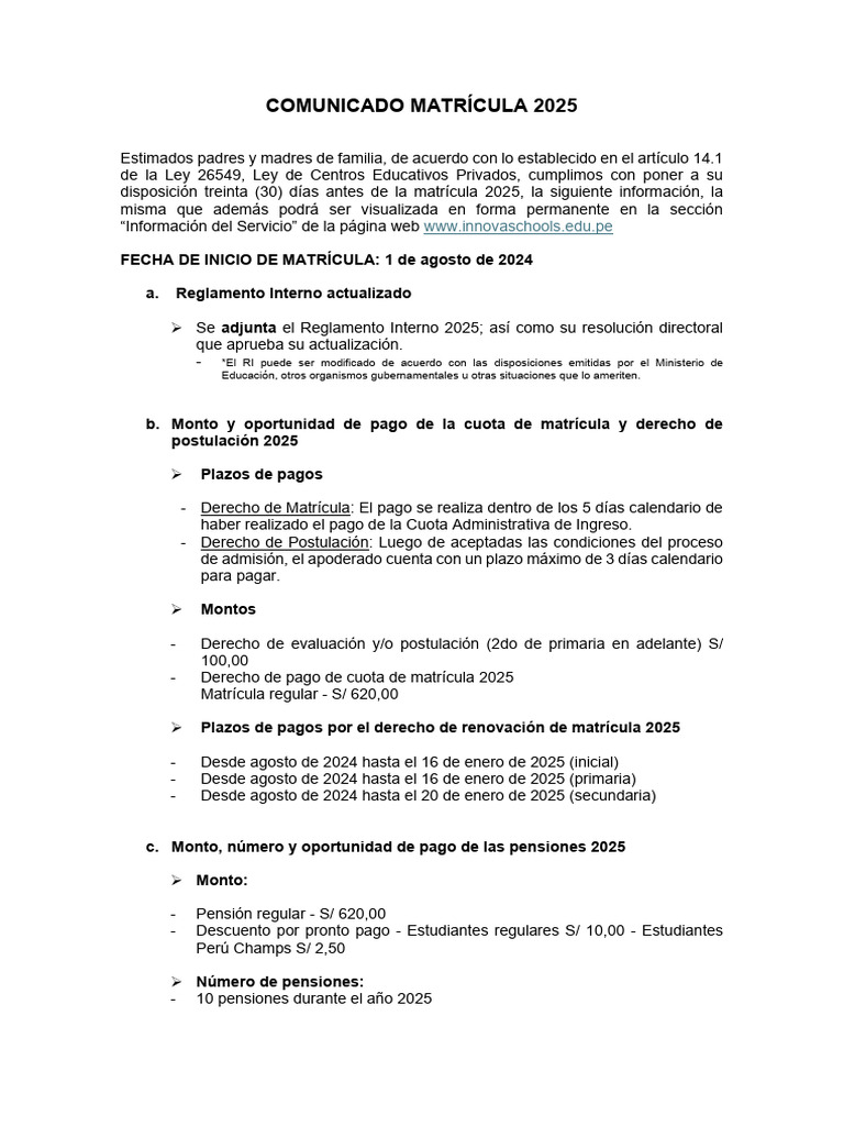 Comunicado de matr237cula 2025 de la IEP Innova Schools R237_1_12254378 | Descargar gratis PDF ...