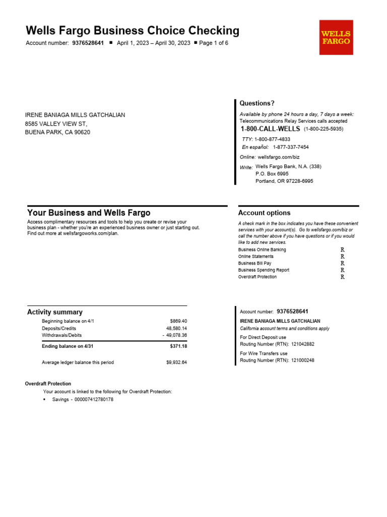 WellsFargo - Irene - April 2023 | PDF | Overdraft | Money
