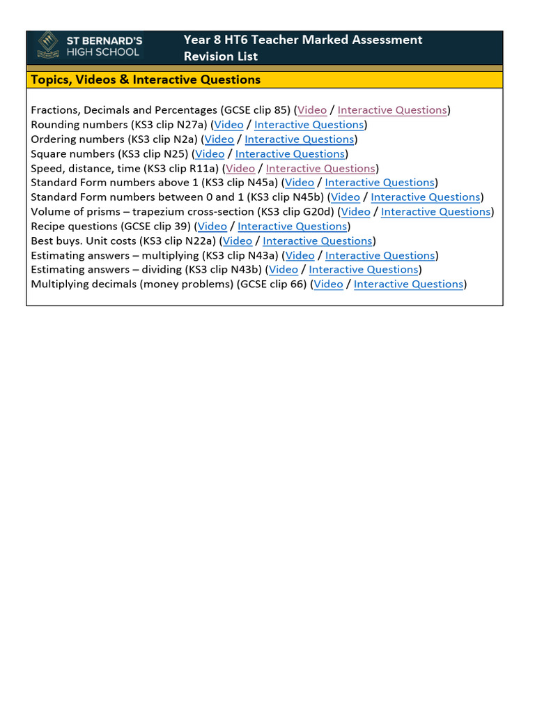 Year 8 HT6 Assessment Topic List | PDF