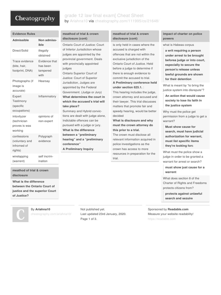 Grade 12 Law Exam Cheat Sheet | PDF | Search Warrant | Crime Scene
