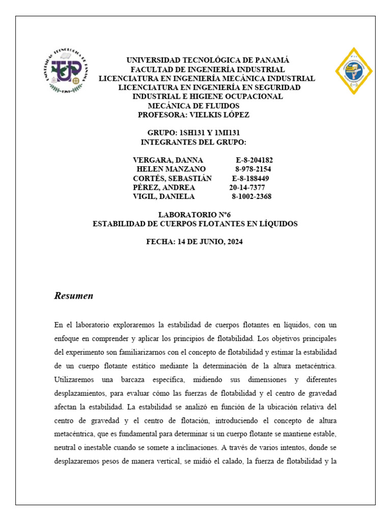 Lab 6 Mecflu | PDF | Flotabilidad | Tasas temporales