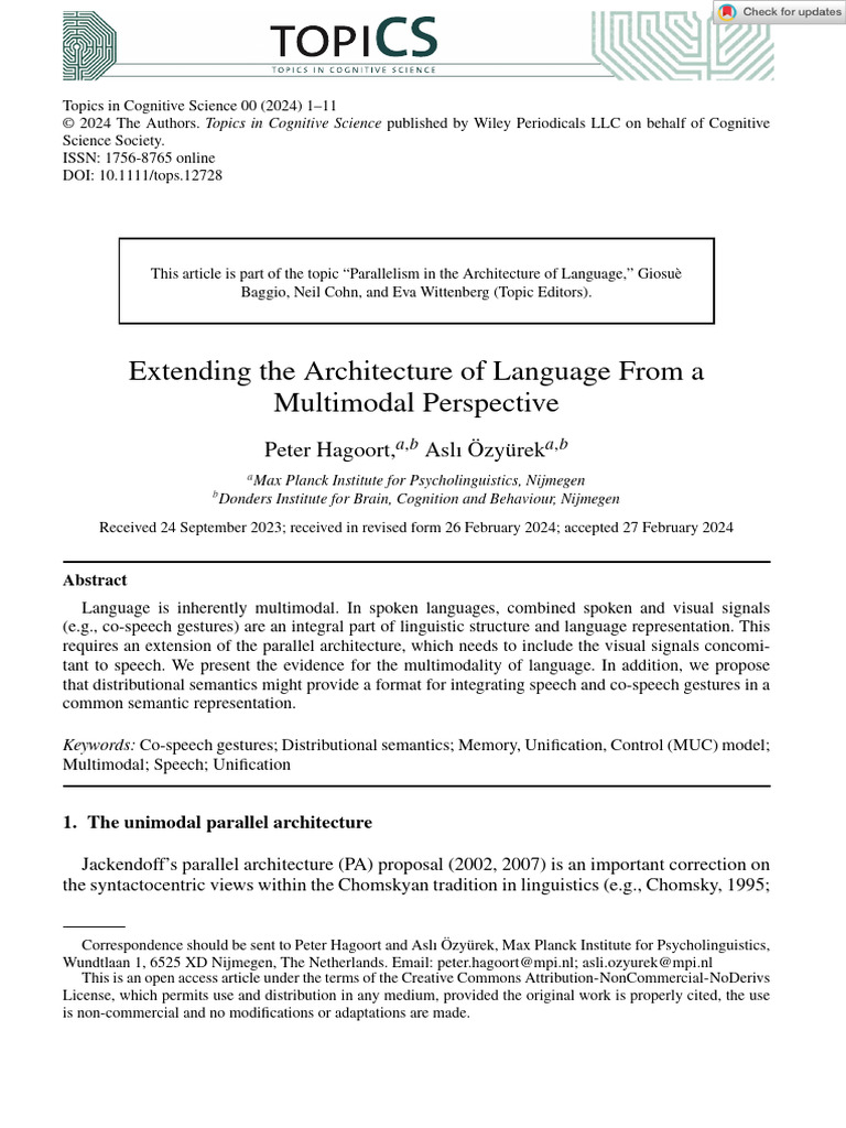 Hagoort - Oezyuerek - 2024 - Extending The Architecture of Language | PDF | Gesture | Linguistics