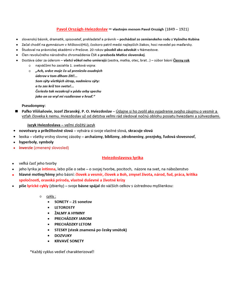 A 4. Poznámky - Život + Hviezdoslavova Lyrika | PDF