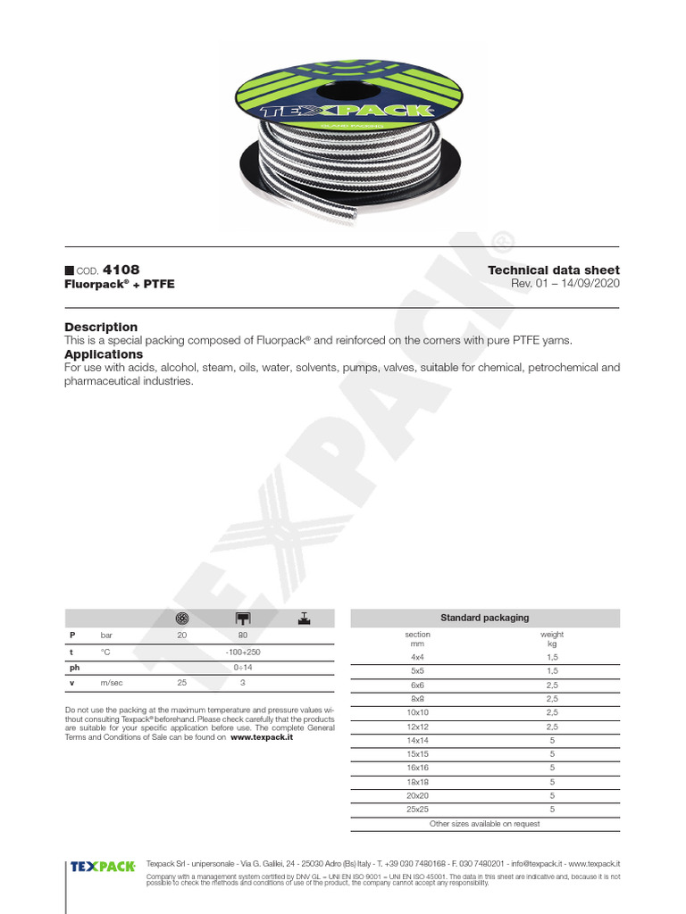 4108 Fluorpack Ptfe Technical Data Sheet en | PDF | Chemistry