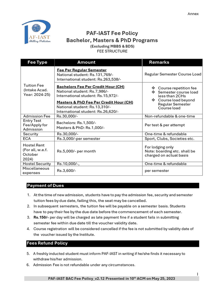 PAF-IAST Fee Structure 2024-25 | PDF | Fee | Taxes