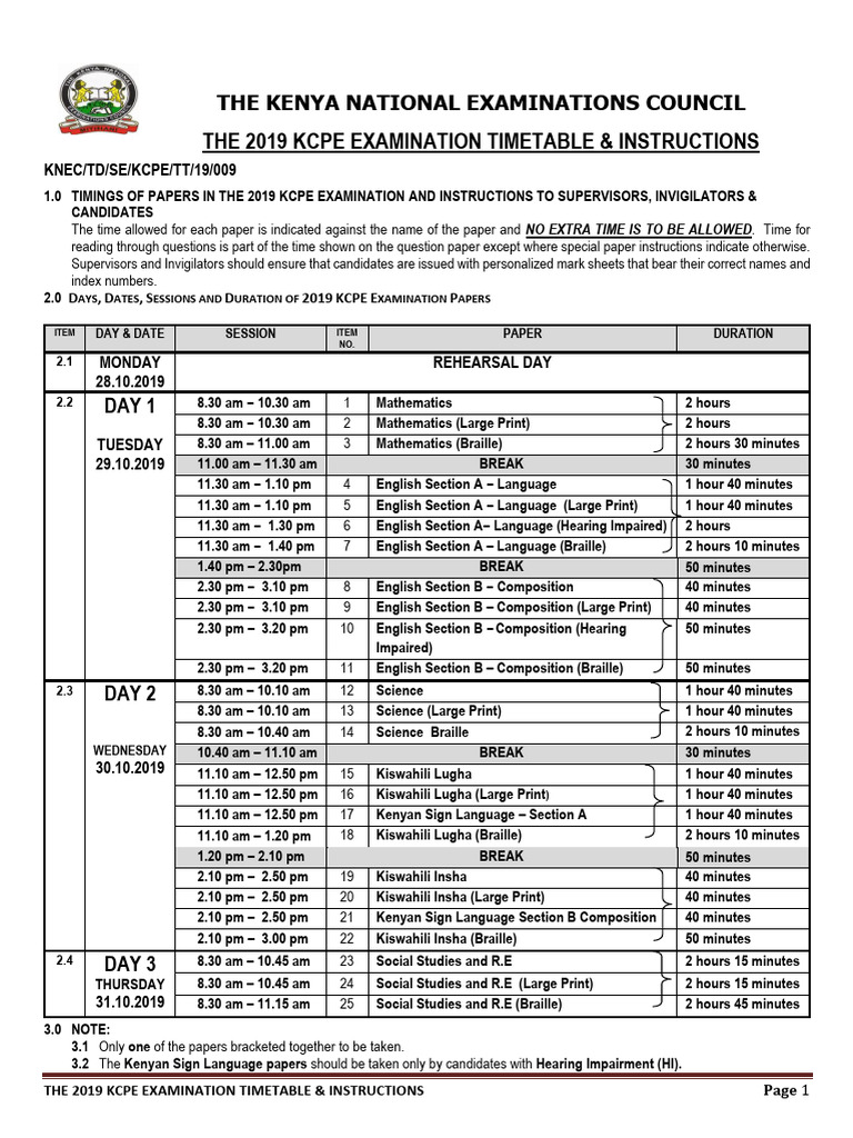 2019 KCPE Time Table | PDF | Justice | Crime & Violence