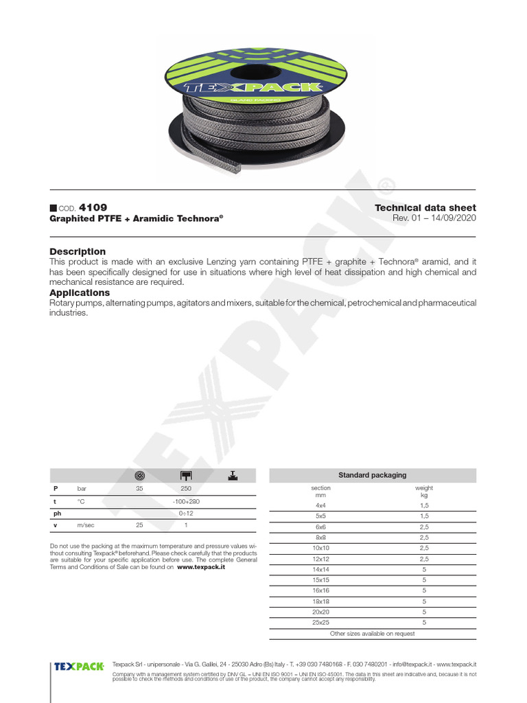 4109 Ptfe Grafitato Aramidico Technora Technical Data Sheet en | PDF