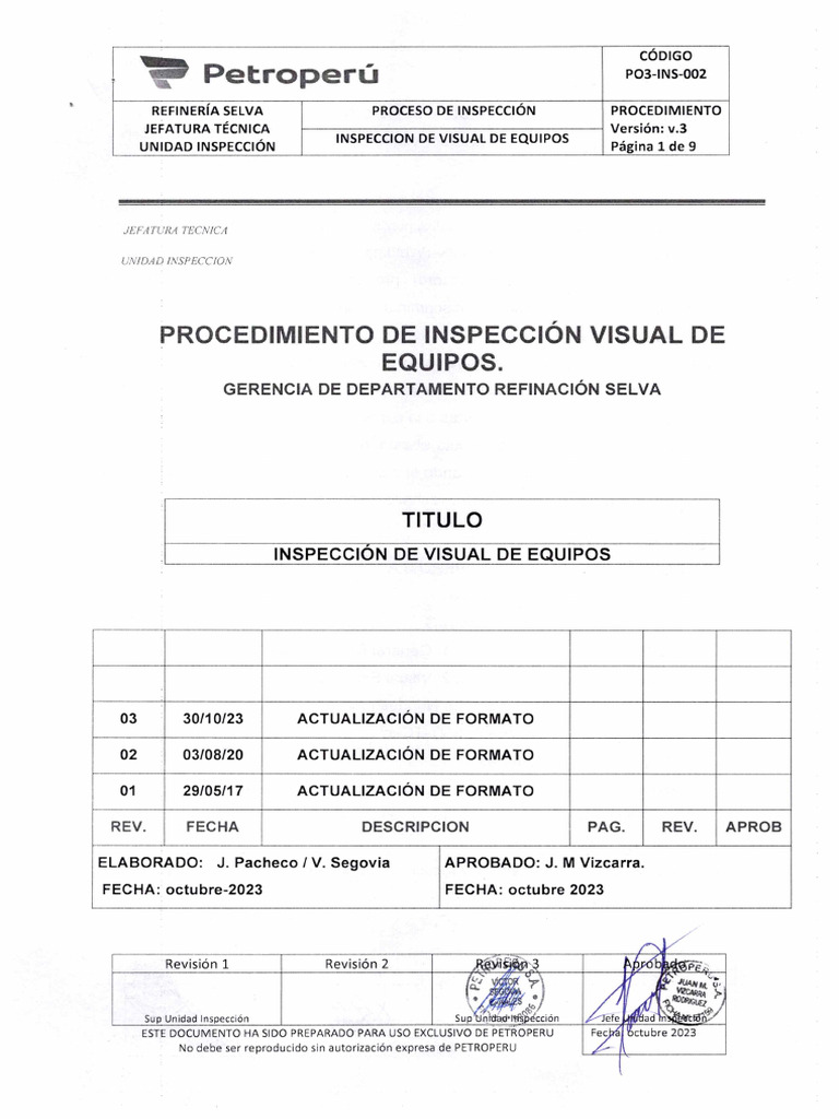 Procedimiento PO3-INS-002 Inspección Visual de Equipos | PDF