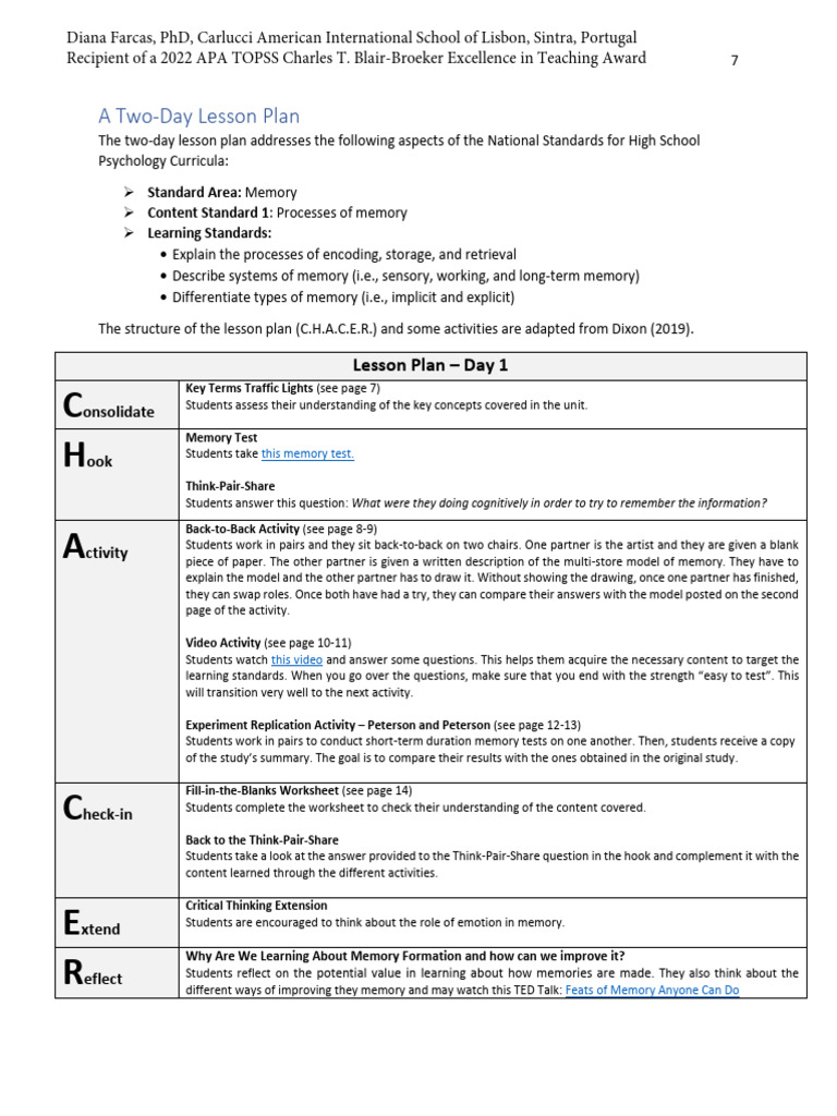 Farcas MEMORY Lesson Plan | PDF | Memory | Long Term Memory