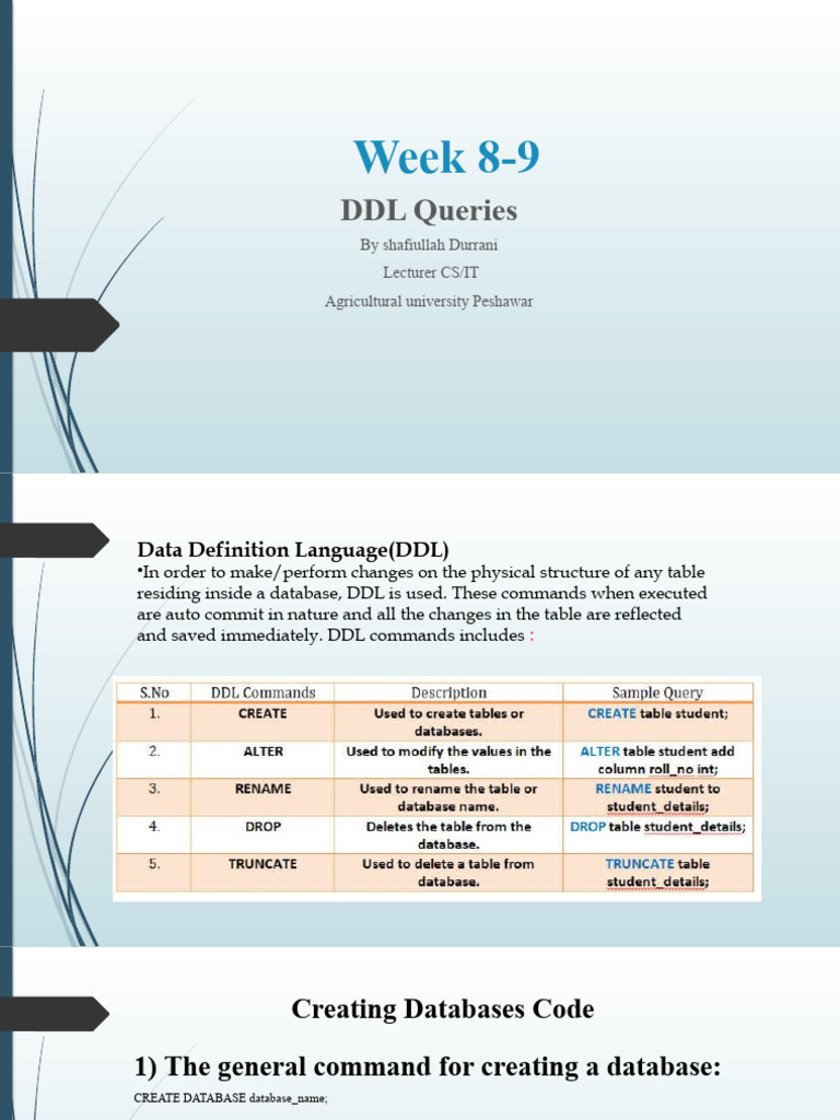 Week 8-9 DDL Queries | PDF | Table (Database) | Sql