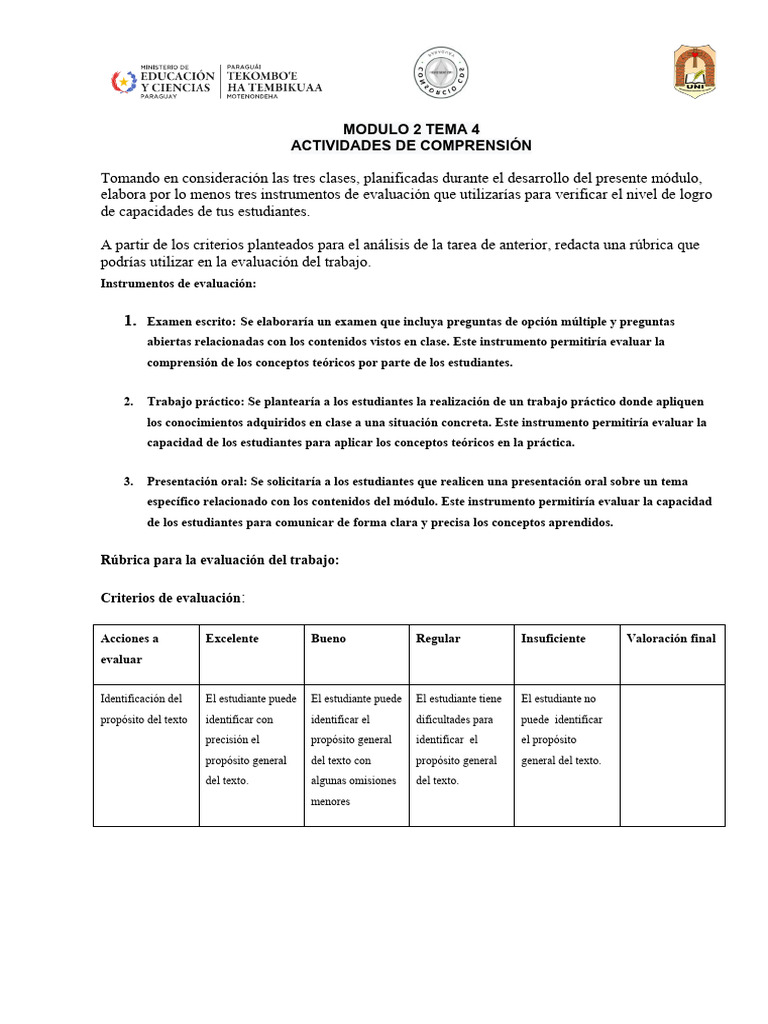 M2-Tema 4 Actividades de Comprensión | PDF | Evaluación | Cognición
