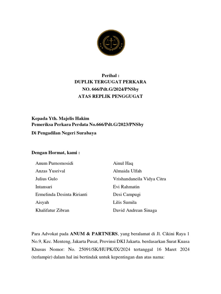 Duplik Tergugat PT - Angin Ribut | PDF