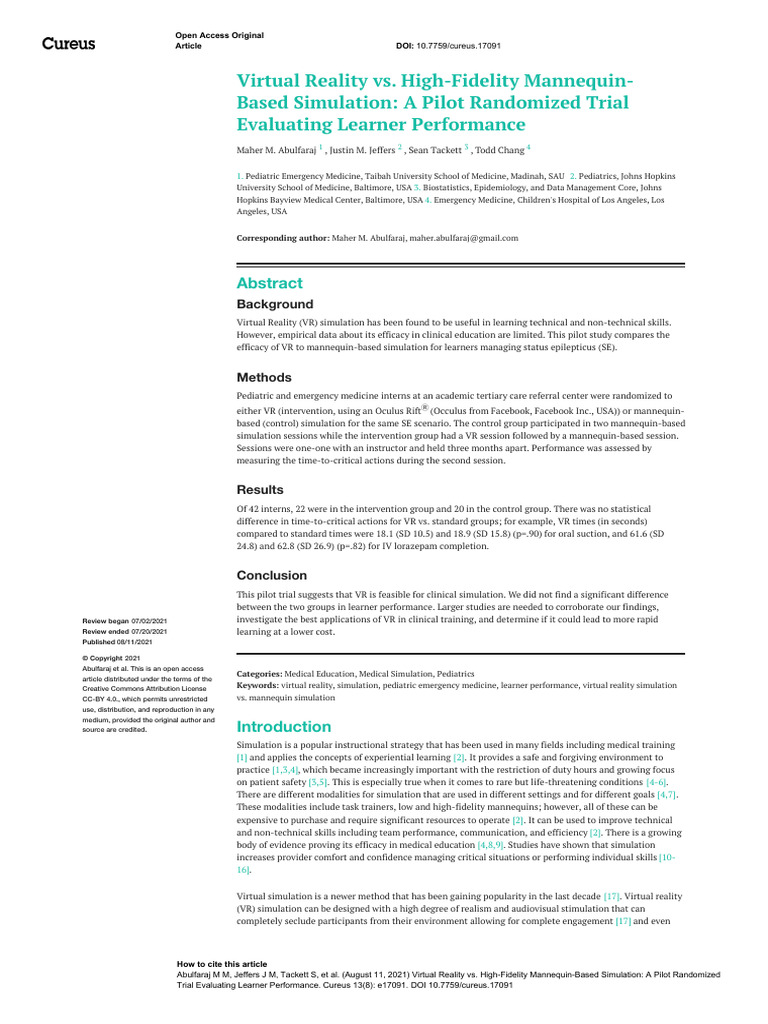 Virtual Reality Vs High-Fidelity Mannequin-Based S | PDF | Virtual Reality | Simulation